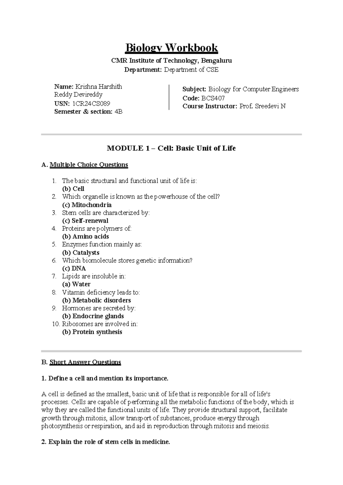 Biology Workbook BCS407: Comprehensive Study Guide for CSE Students ...