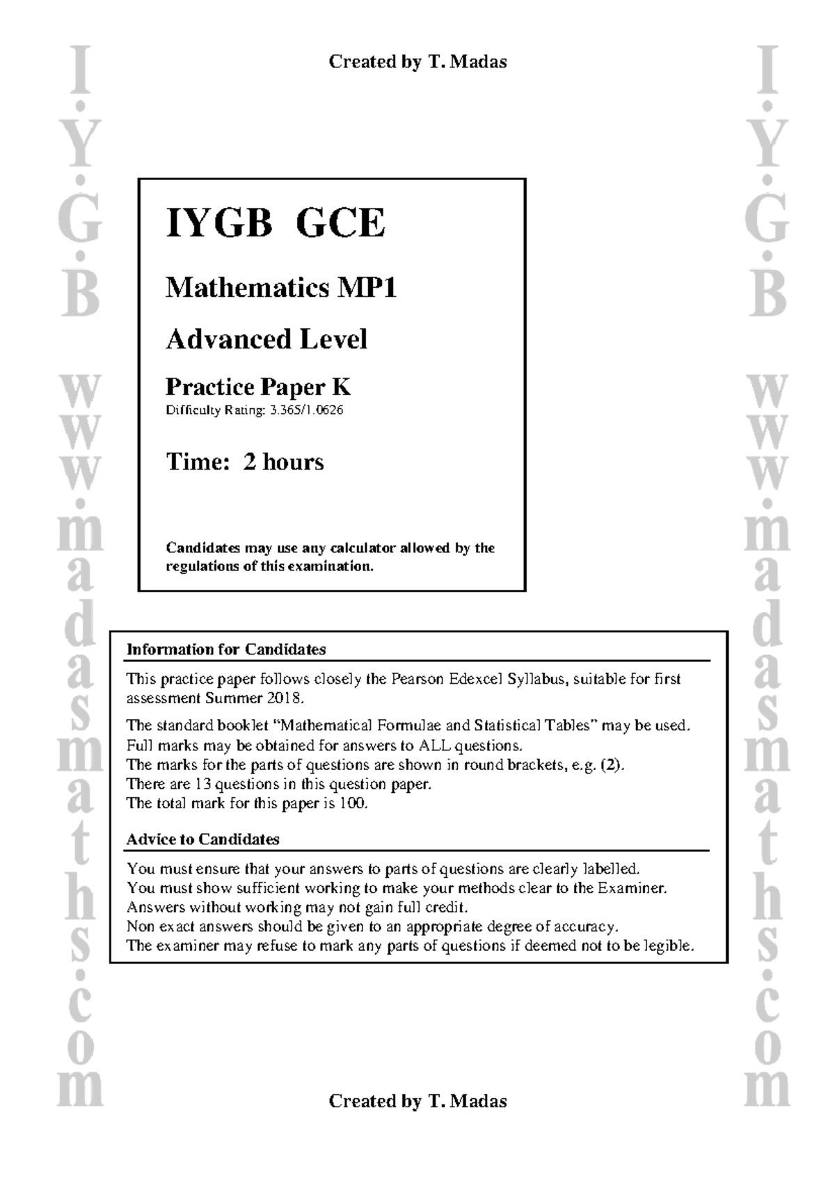 MP1 GCE Mathematics Advanced Level Practice Paper K - Practice ...
