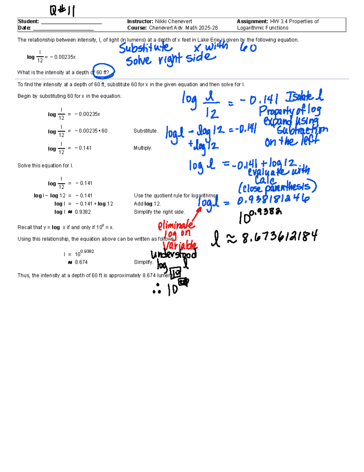 HW Q 11: Properties of Logarithmic Functions Assignment - Studocu