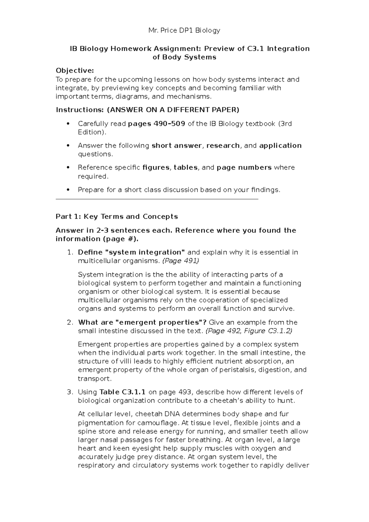 C3.1 IB Biology Homework: Integration of Body Systems Overview - Studocu