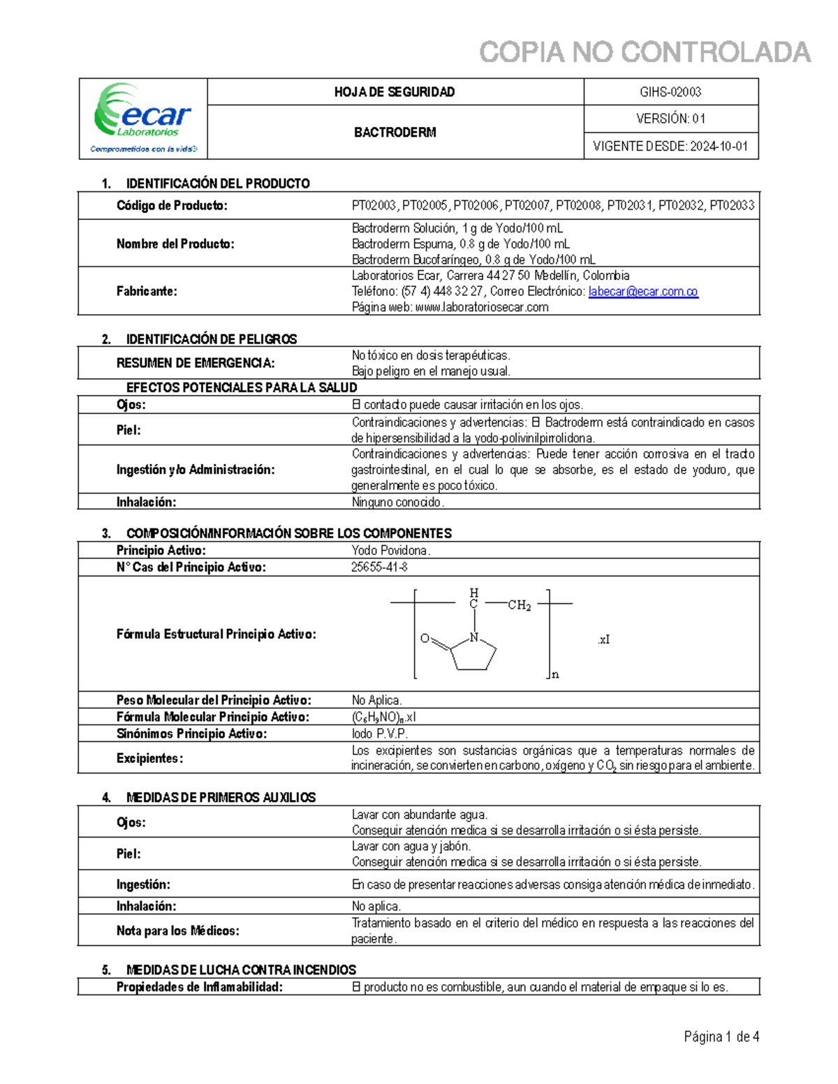 GIHS-02003 - 01 - Hoja de Seguridad del Producto Bactroderm - Studocu