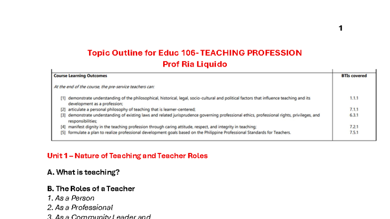 Educ 106: Topic Outline on Teaching Profession and Foundations - Studocu