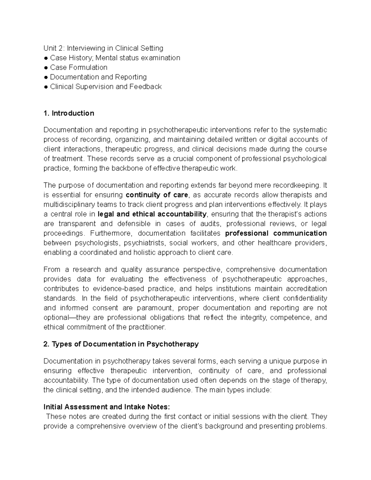 Unit 2: Clinical Interviewing & Documentation in Psychotherapy - Studocu