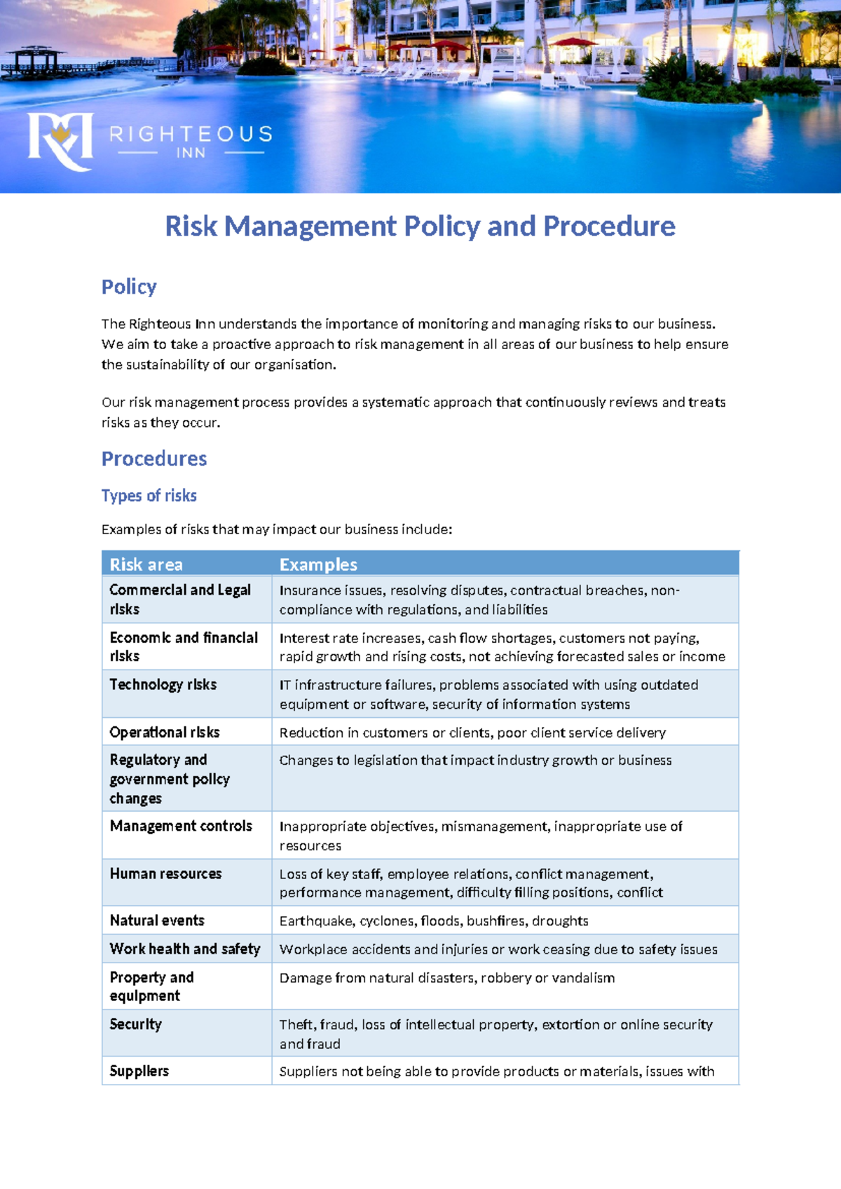 Righteous Inn - Risk Management Policy & Procedures Overview - Studocu
