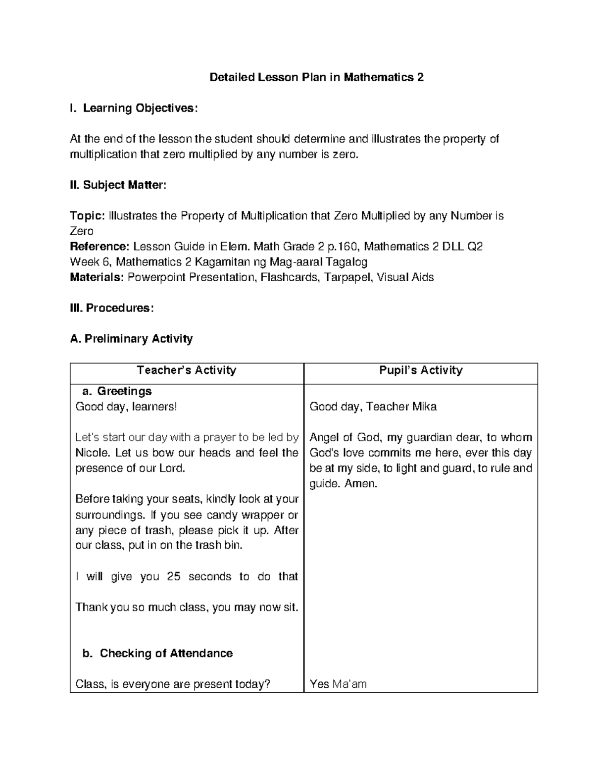 MATH 2 Detailed Lesson Plan: Zero Property of Multiplication - Studocu