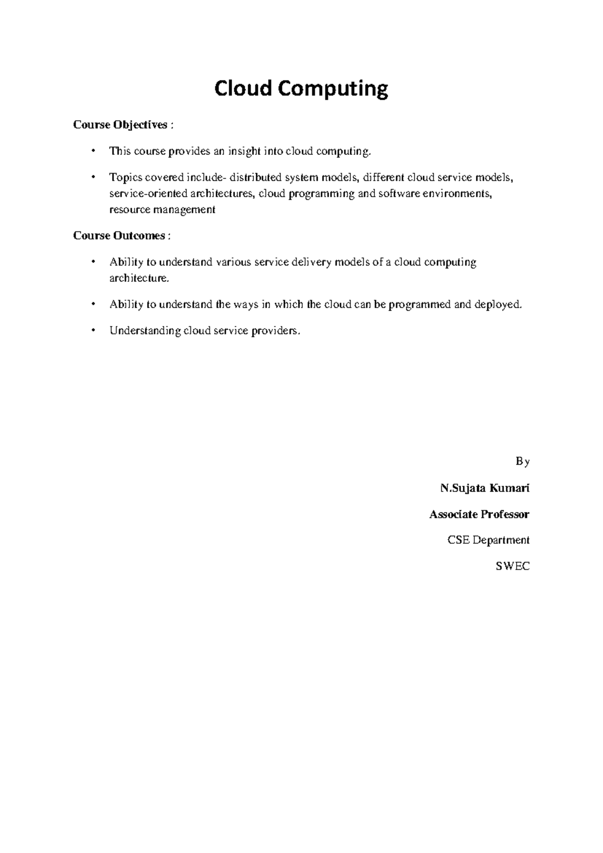 Cloud Computing U-I Doc - Cloud Computing Course Objectives : - This ...
