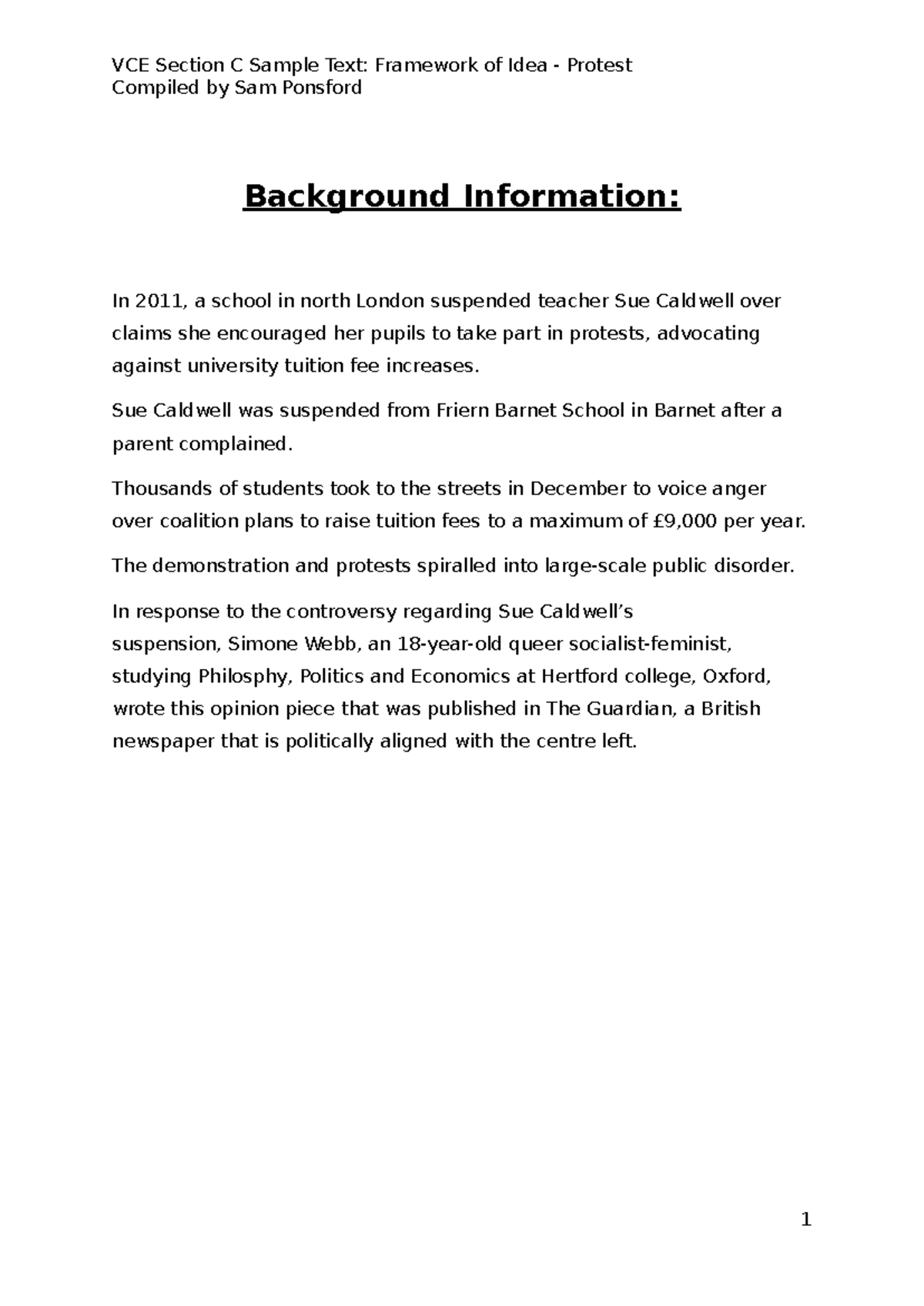 VCE Section C Sample Text: Framework of Ideas on Protest - Studocu