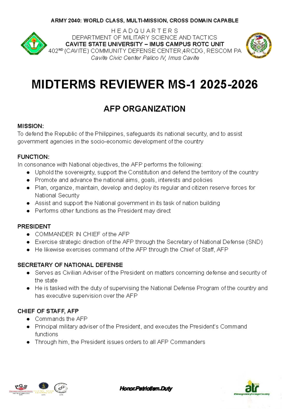 ARMY 2040: MIDTERM REVIEWER ON AFP ORGANIZATION AND HISTORY - Studocu