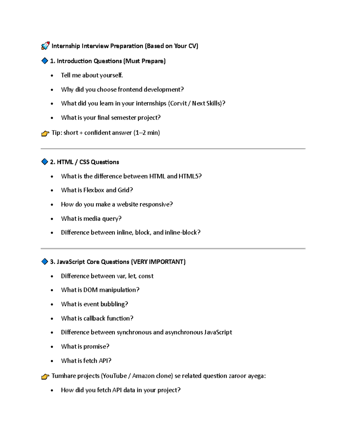 Internship Interview Prep: CV-Based Questions & Key Topics - Studocu