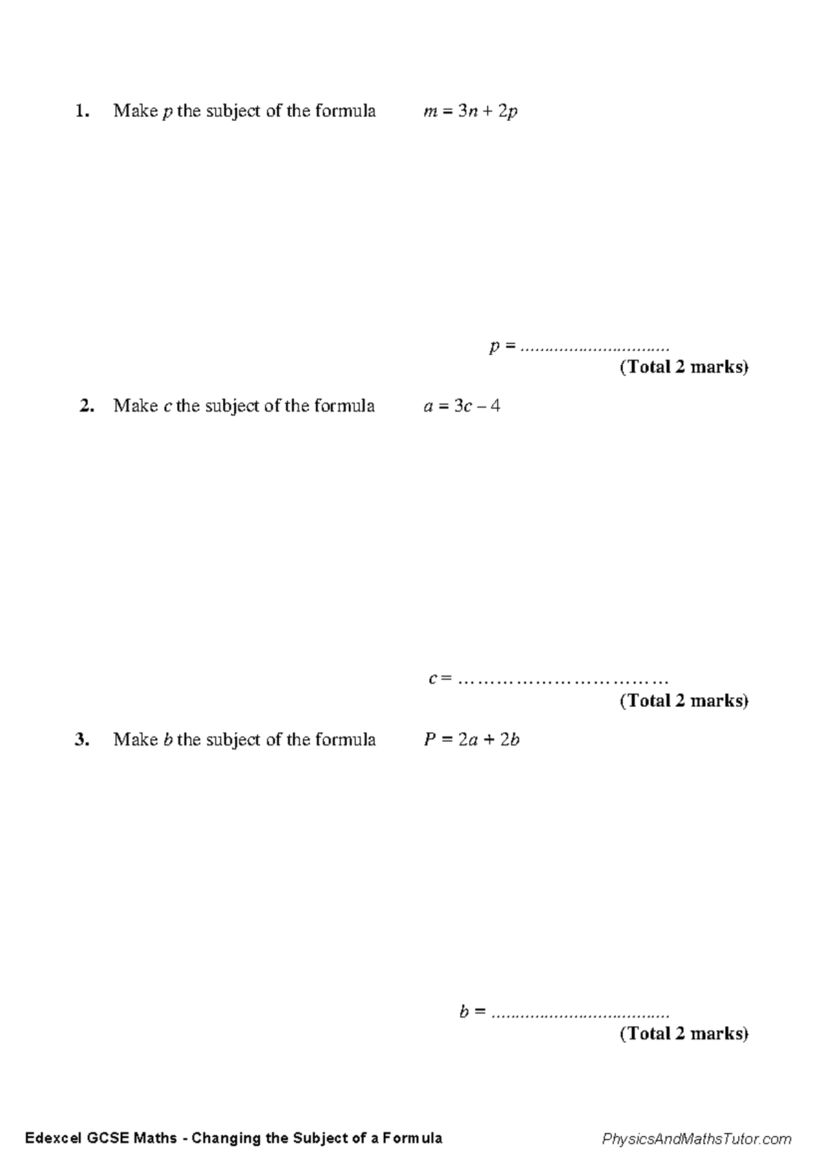 Edexcel GCSE Maths: Changing the Subject of a Formula QP - Studocu