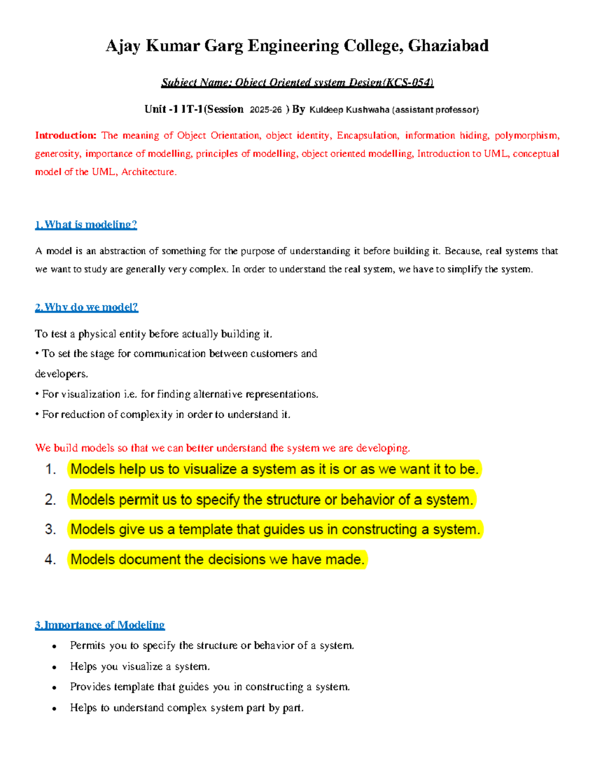 OOSD UNIT 1: Introduction to Object Oriented Modeling Concepts - Studocu