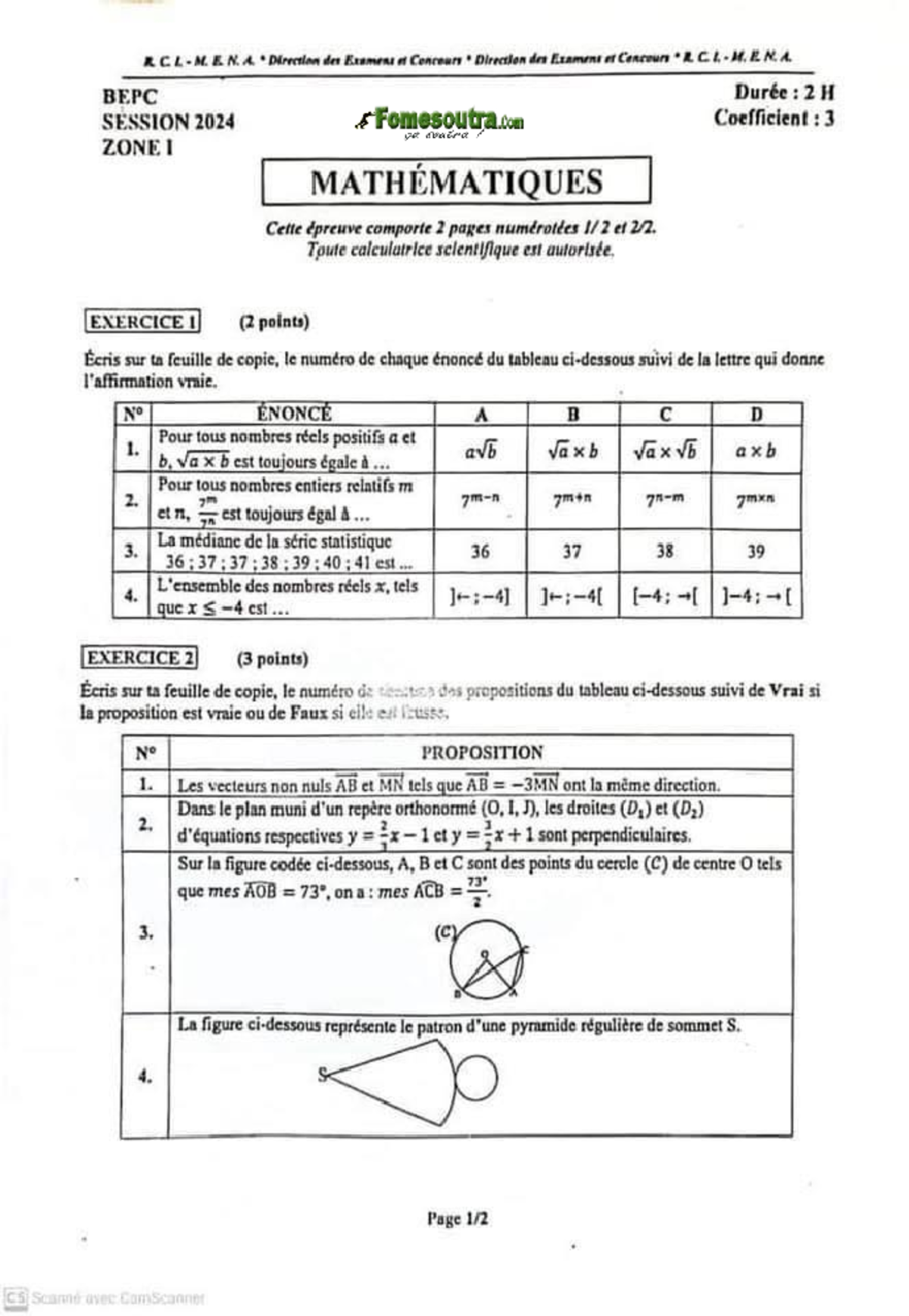 SUJET BEPC 2024 MATHÉMATIQUES - Zone 1 - Examen 2H - Studocu