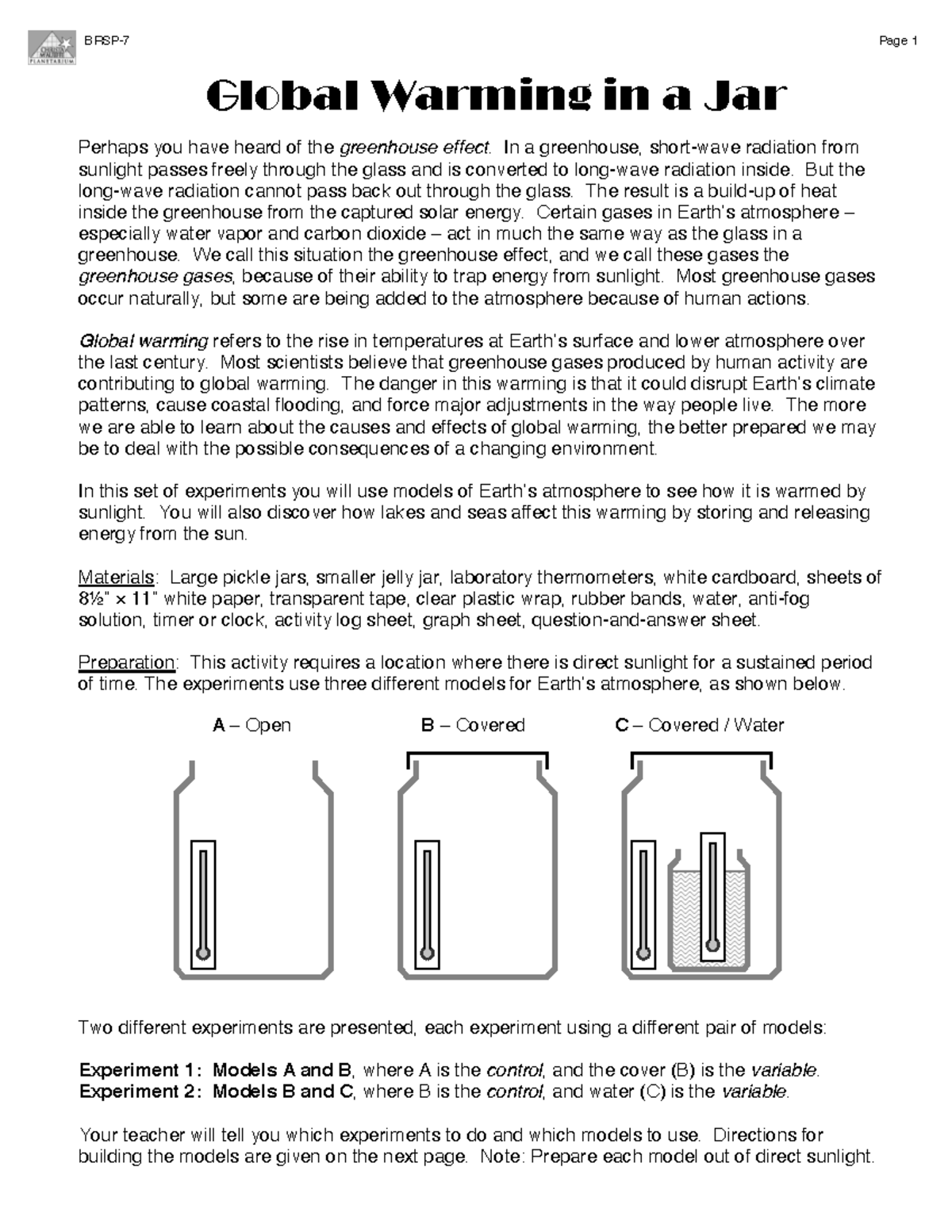 Global Jar Experiments in Climate Change & Greenhouse Effect (BRSP-7 ...