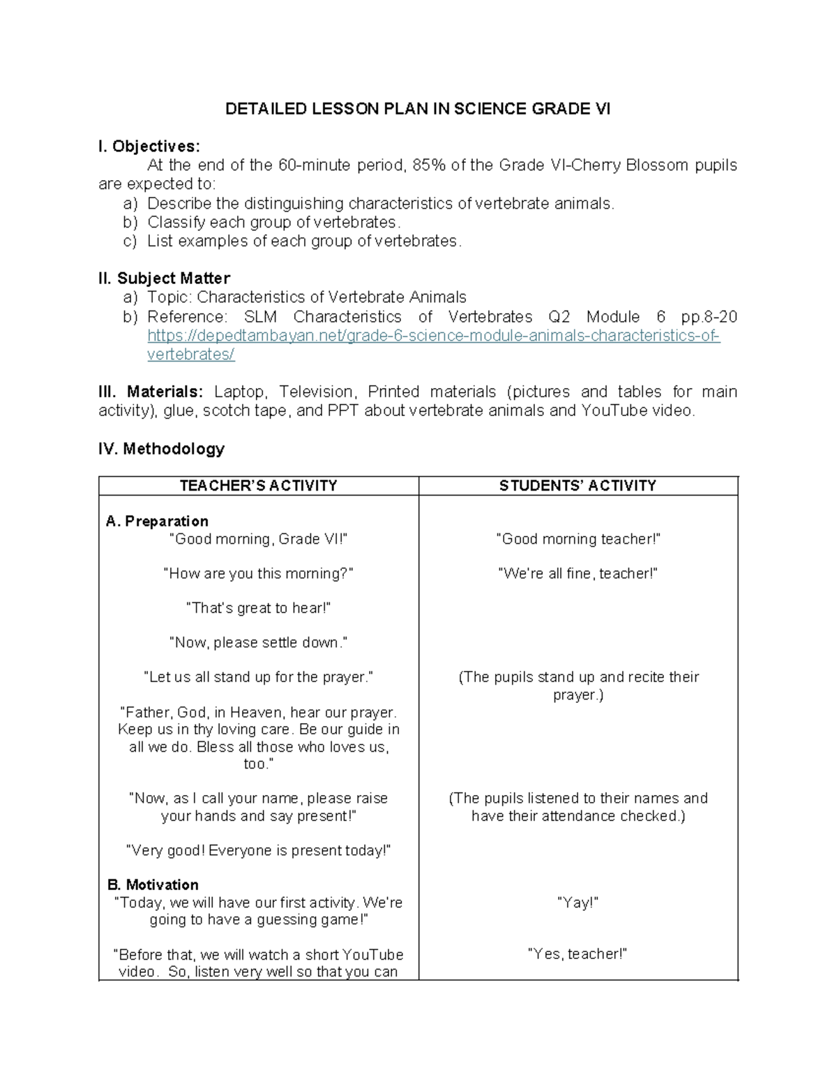 Detailed Lesson Plan - Science 6: Characteristics of Vertebrates - Studocu