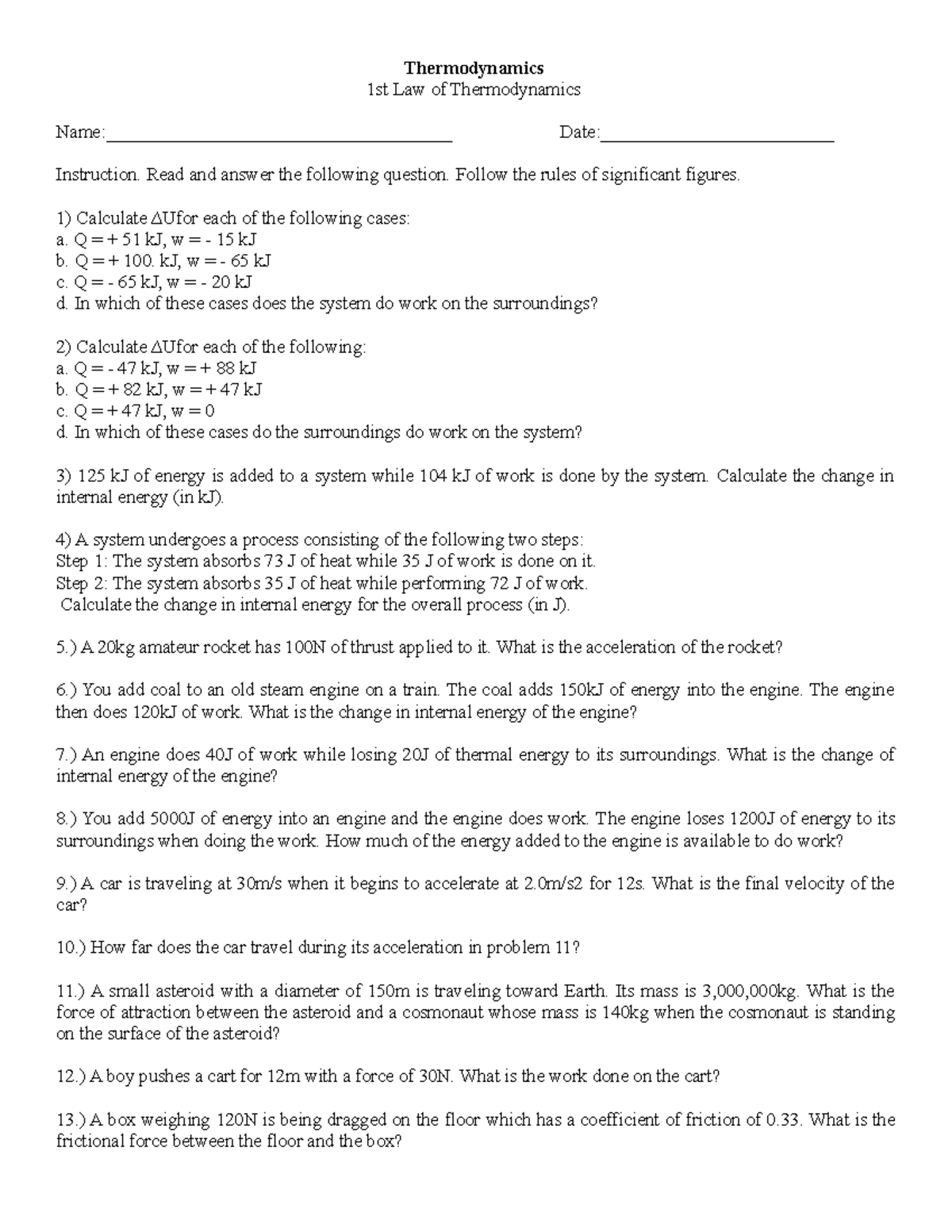 1st Law of Thermodynamics - Problem Set & Calculations - Studocu
