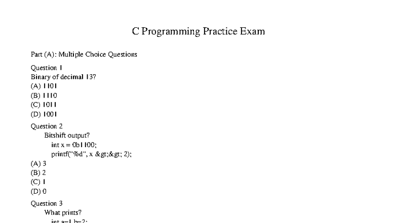 C Programming Final Exam - Practice Questions (Part A) - Studocu