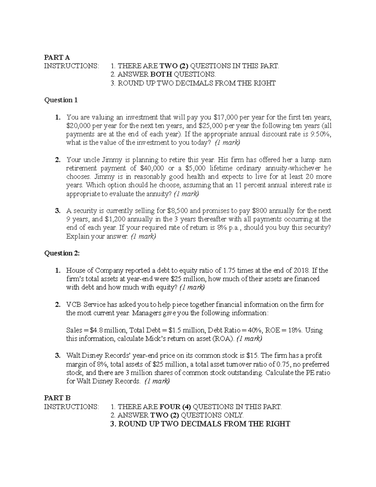 Đề cuối kì năm ngoái - Hshjd - PART A INSTRUCTIONS: 1. THERE ARE TWO (2 ...