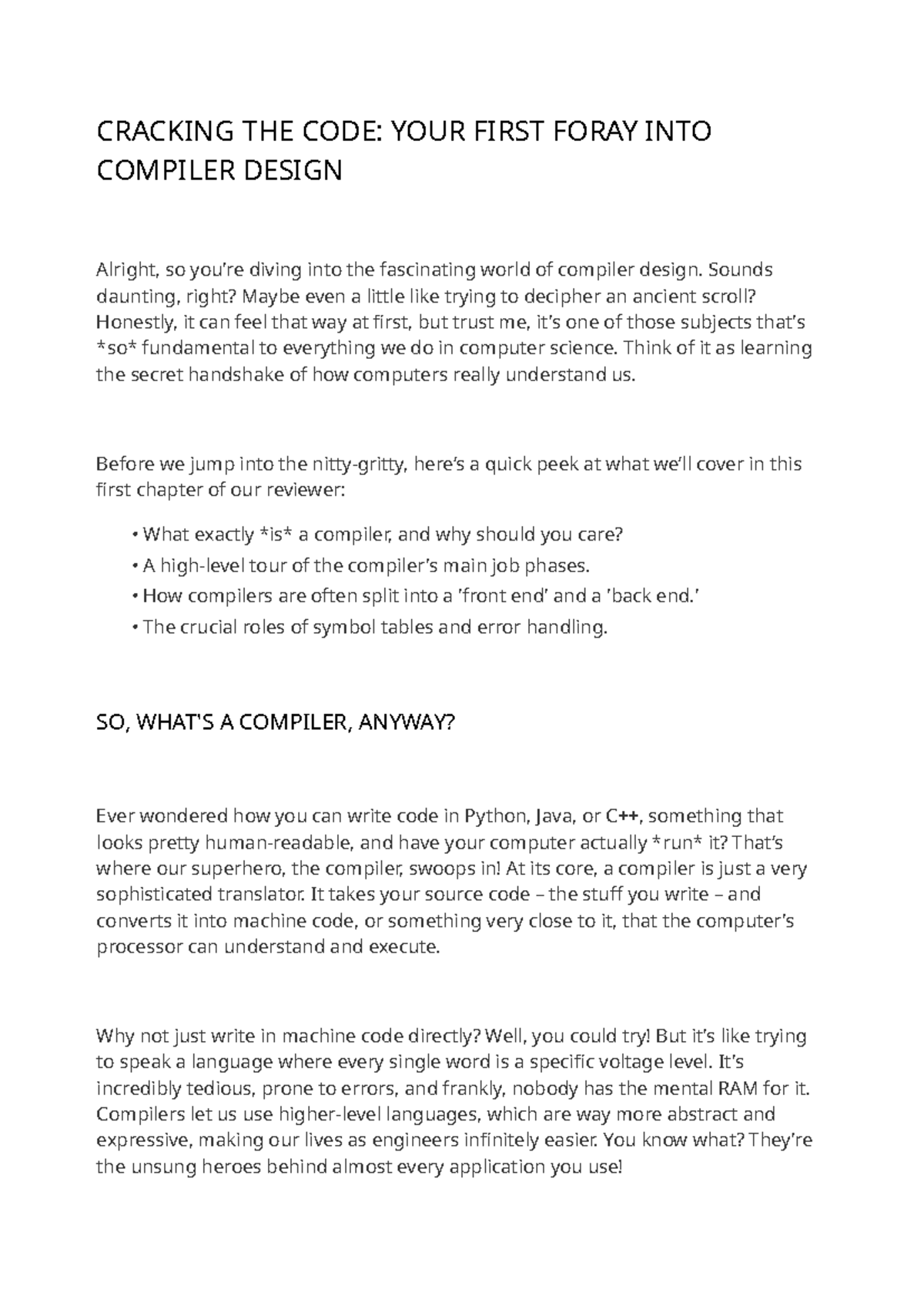 COMPILER DESIGN 101: INTRO TO COMPILERS AND THEIR PHASES - Studocu