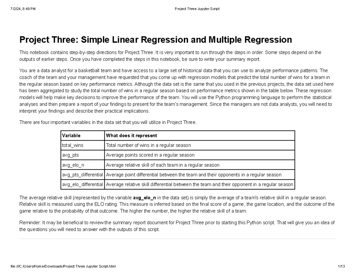 Project 3: Linear & Multiple Regression Analysis for NBA Wins - Studocu