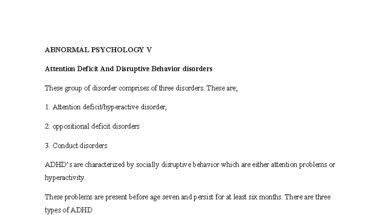Abnormal Psychology V: ADHD & Schizophrenia Insights - Studocu