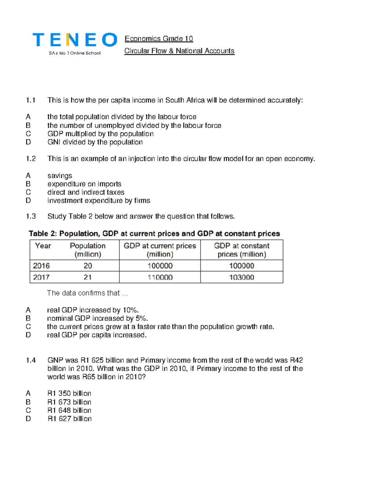 Economics Grade 10: Circular Flow & National Income Study Guide - Studocu