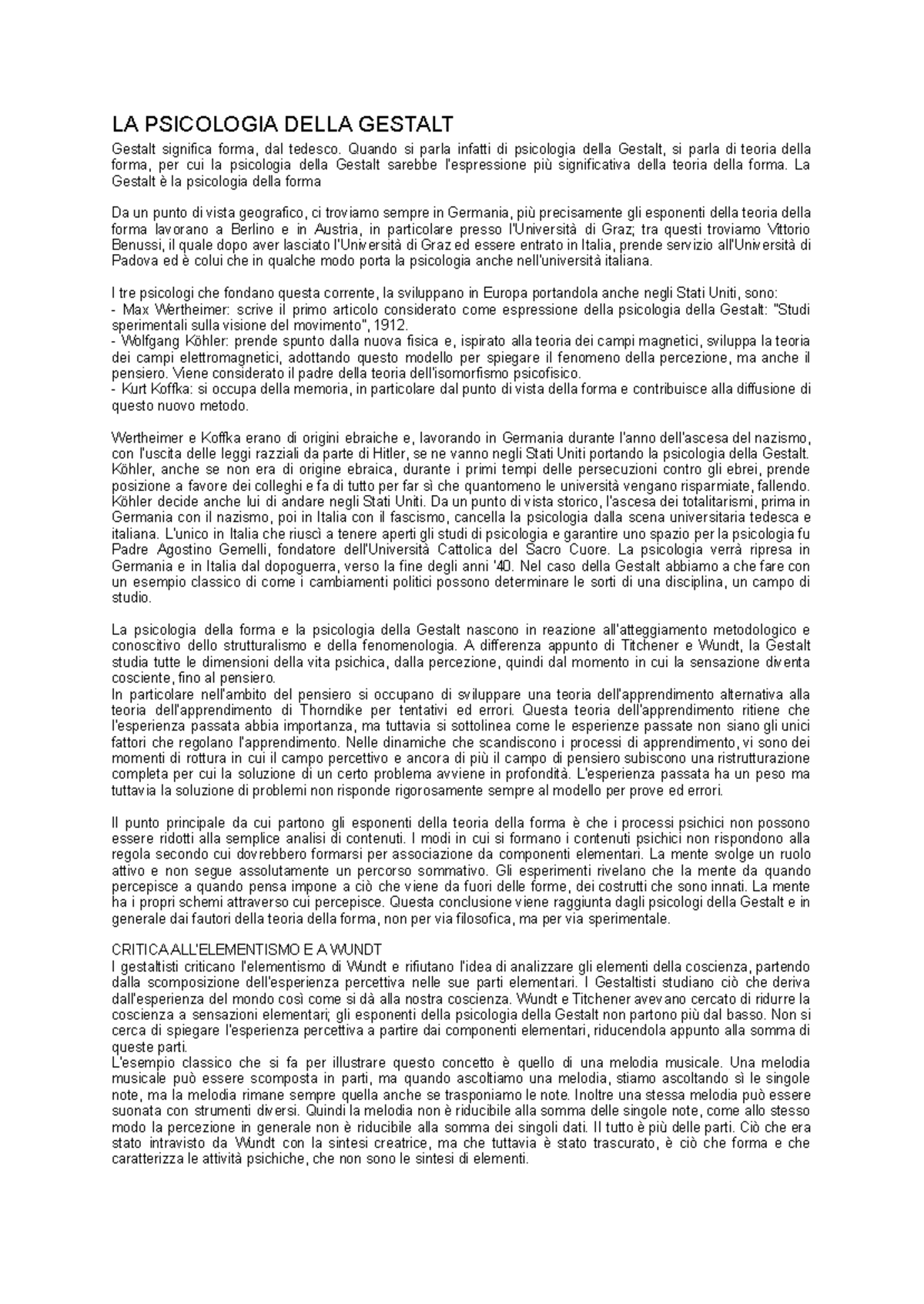LA PSICOLOGIA DELLA GESTALT: TEORIE E INFLUENZE STORICHE - Studocu