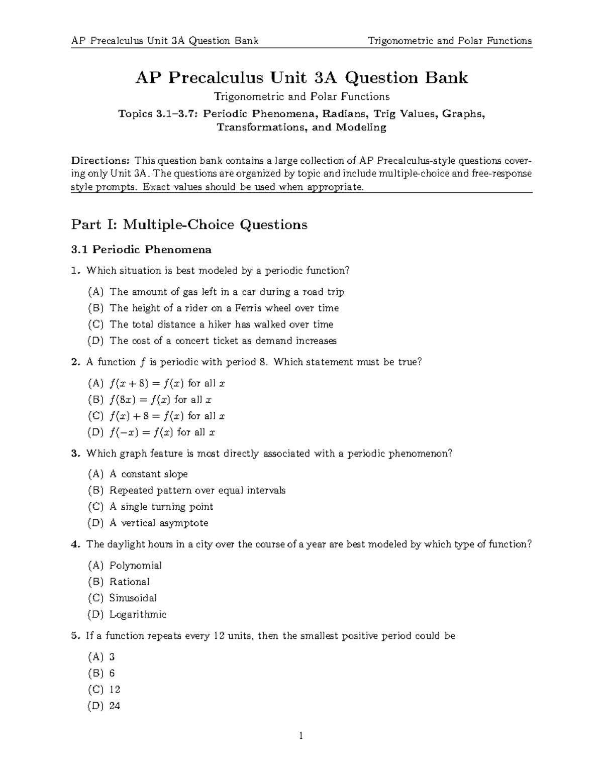 AP Precalculus Unit 3A Question Bank: Trigonometric & Polar Functions ...