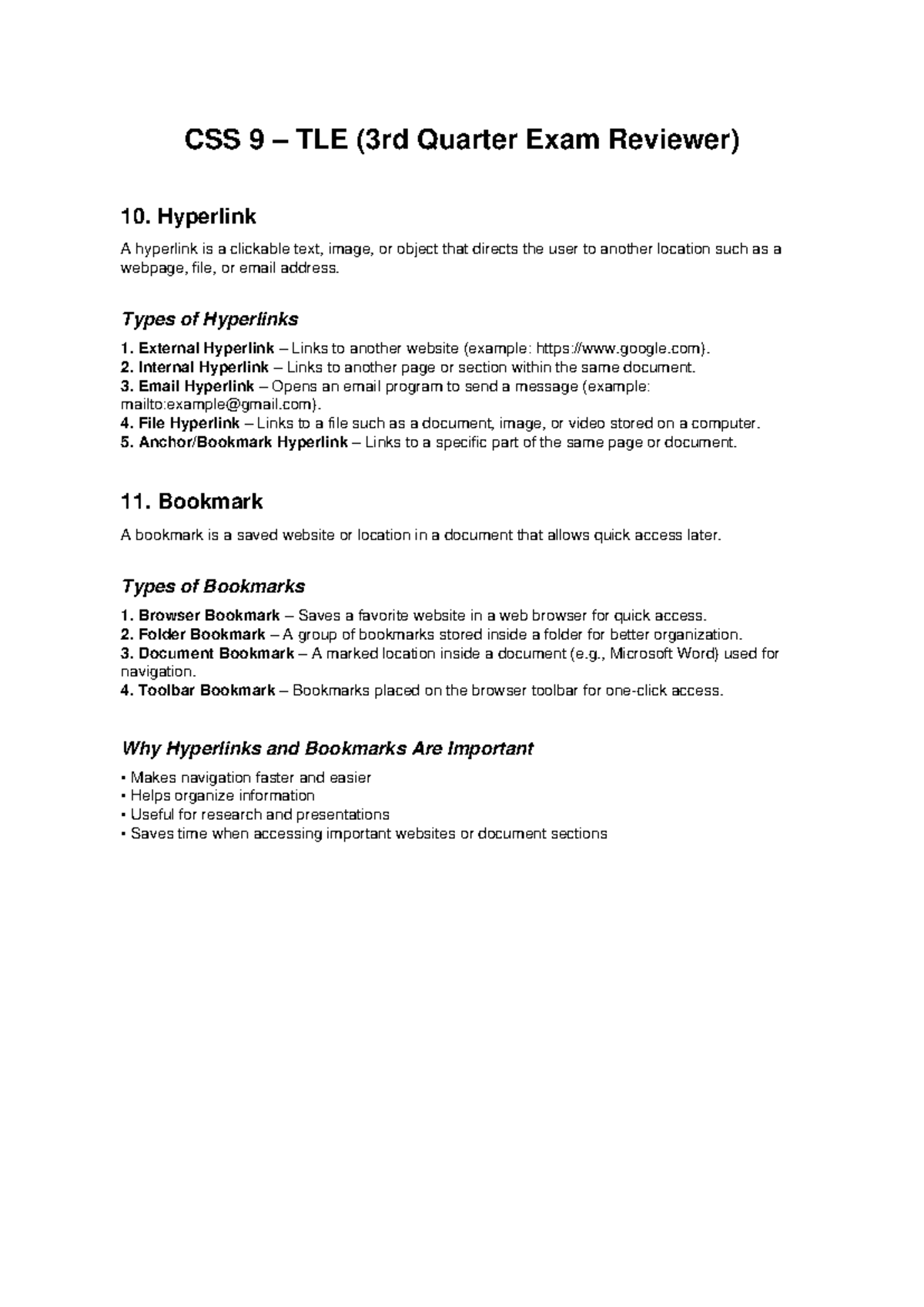 CSS 9 TLE 3rd Quarter Exam Reviewer: Hyperlinks & Bookmarks Guide - Studocu