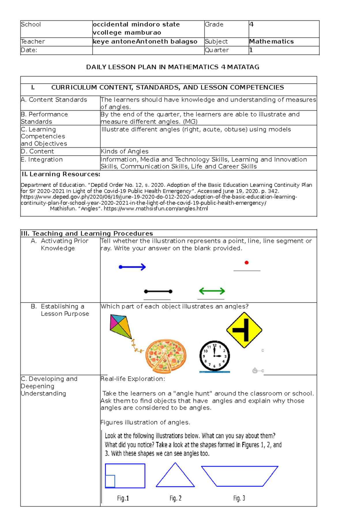 DLP Matatag MATH 4 Q1: Daily Lesson Plan on Measuring Angles - Studocu