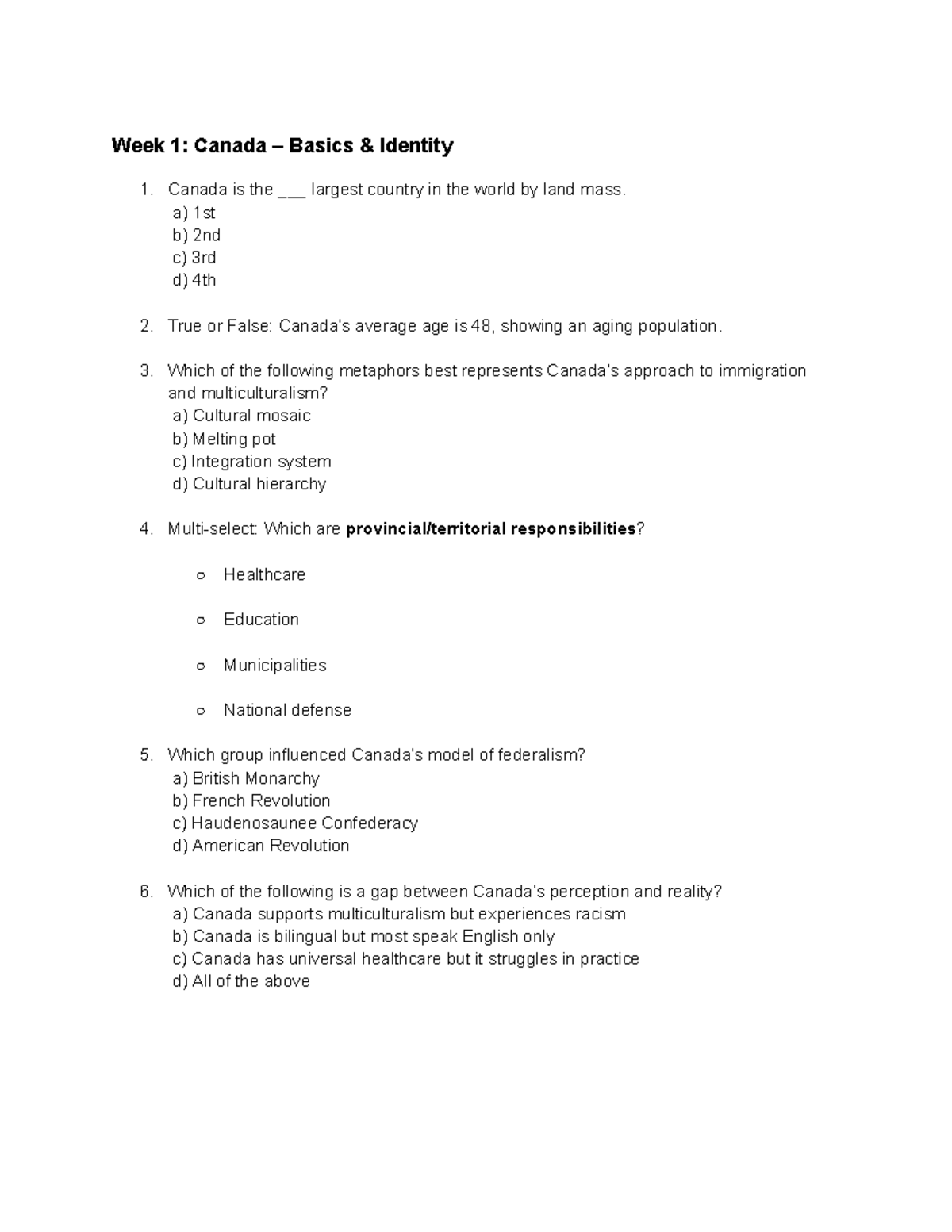 Week 1-4: Canada Basics & Political Economy Practice Test - Studocu