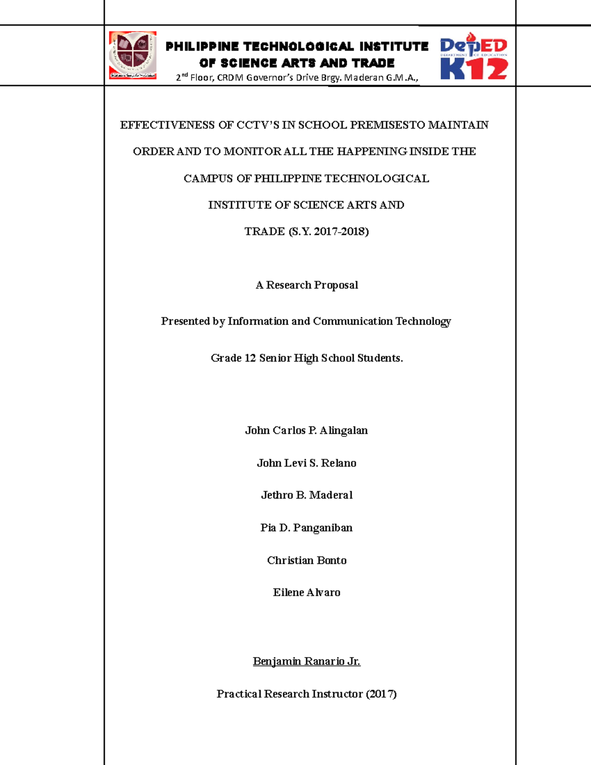 CCTV Effectiveness in Schools: A Research Proposal (ICT12-2017) - Studocu
