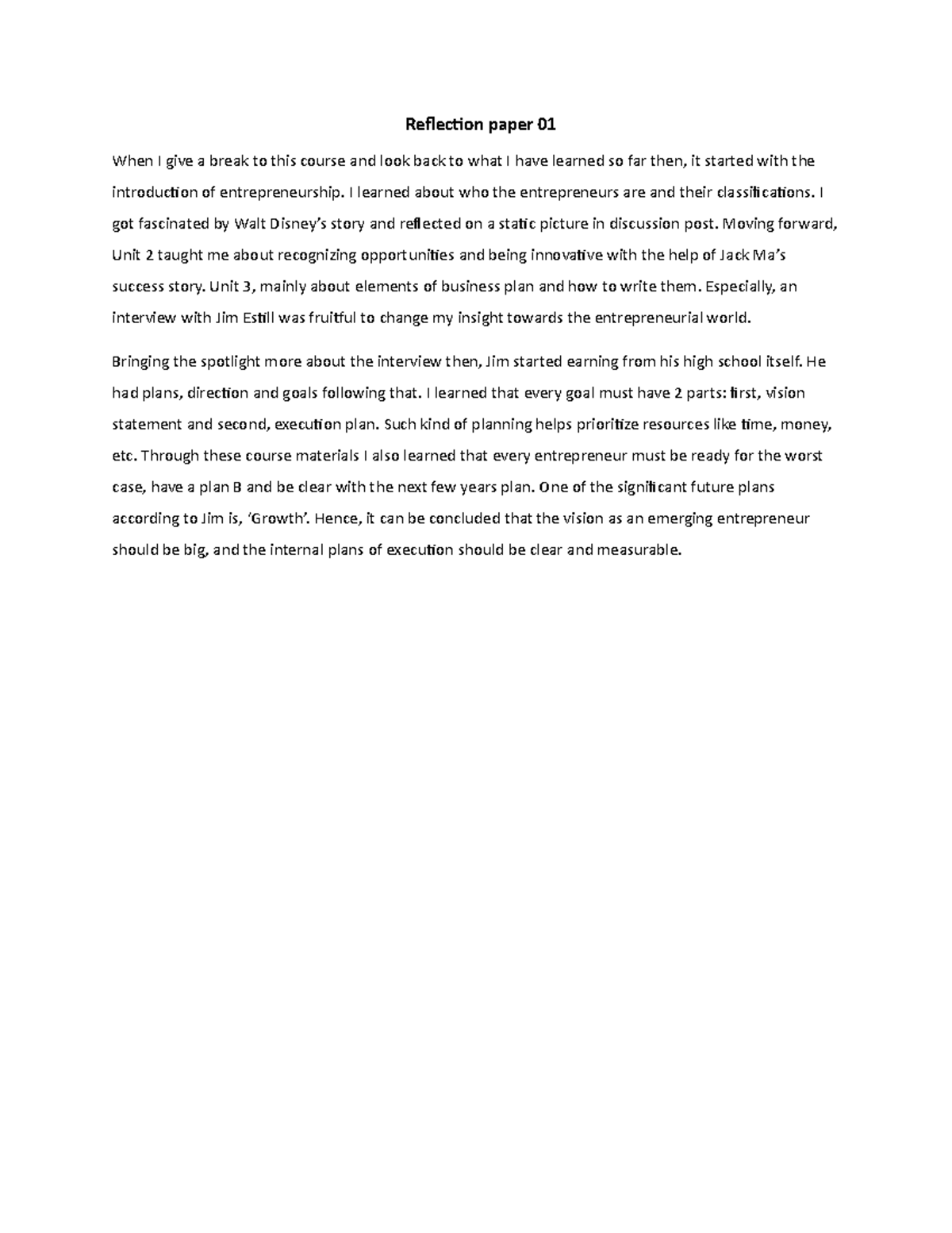 Reflection Paper 01: Entrepreneurial Insights & Learning Journey - Studocu