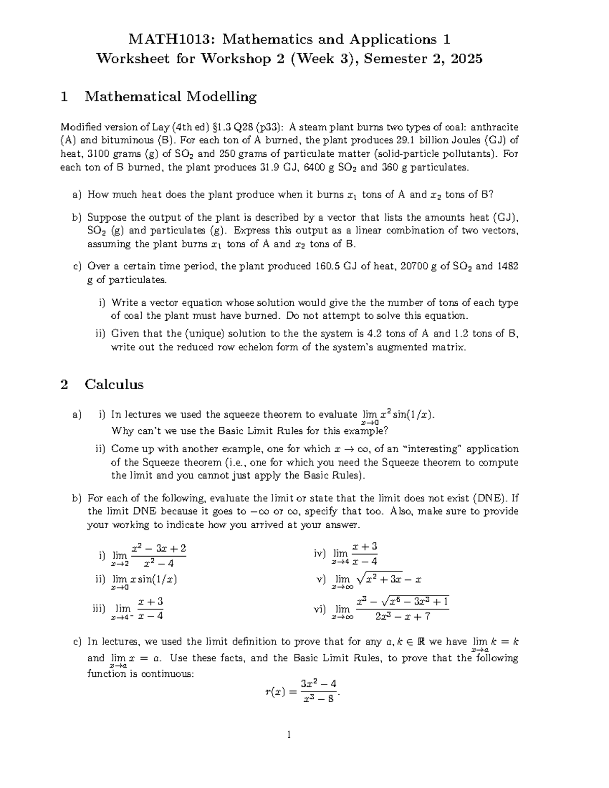 MATH1013: Worksheet 02 - Mathematical Modelling & Limits Practice - Studocu