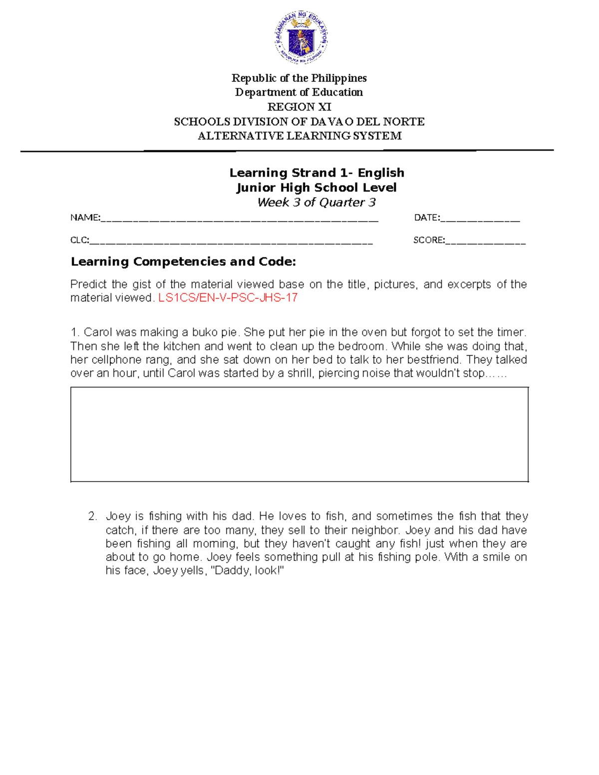 LS1 - Week 3 JHS - Learning Activity Sheets for English - ALS - Studocu