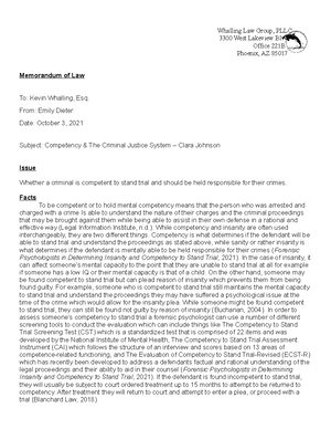 Memorandum of Law Competency & The Criminal Justice System - Running ...