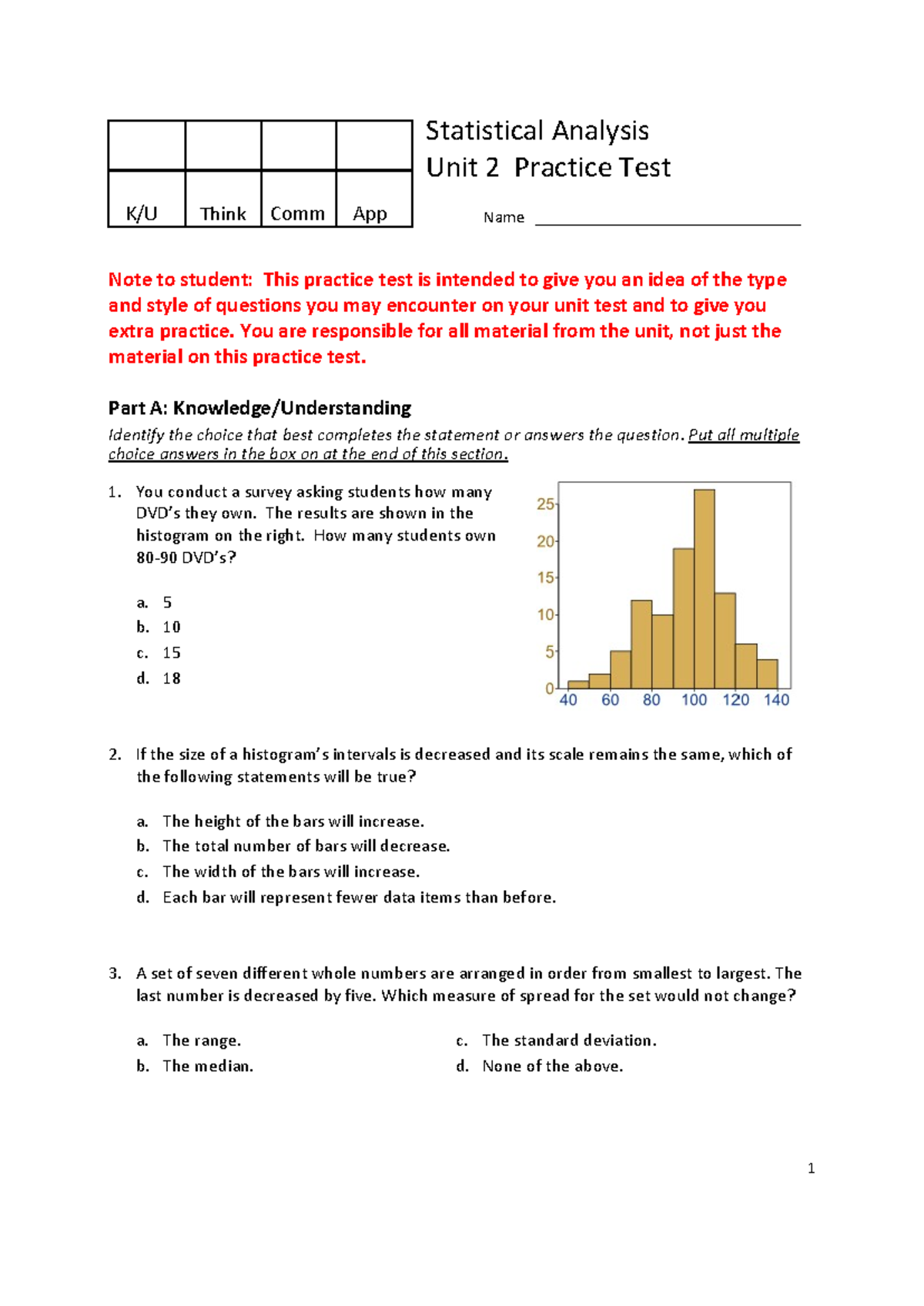 MDM4U - Unit 2 Practice Test & Solutions: Statistical Analysis Guide ...