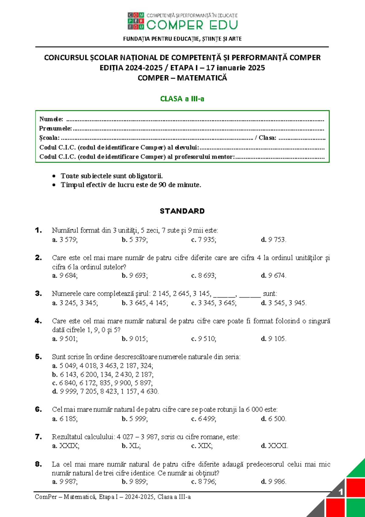 Subiecte Comper Matematică Etapa I 2024-2025 Clasa a III-a - Studocu
