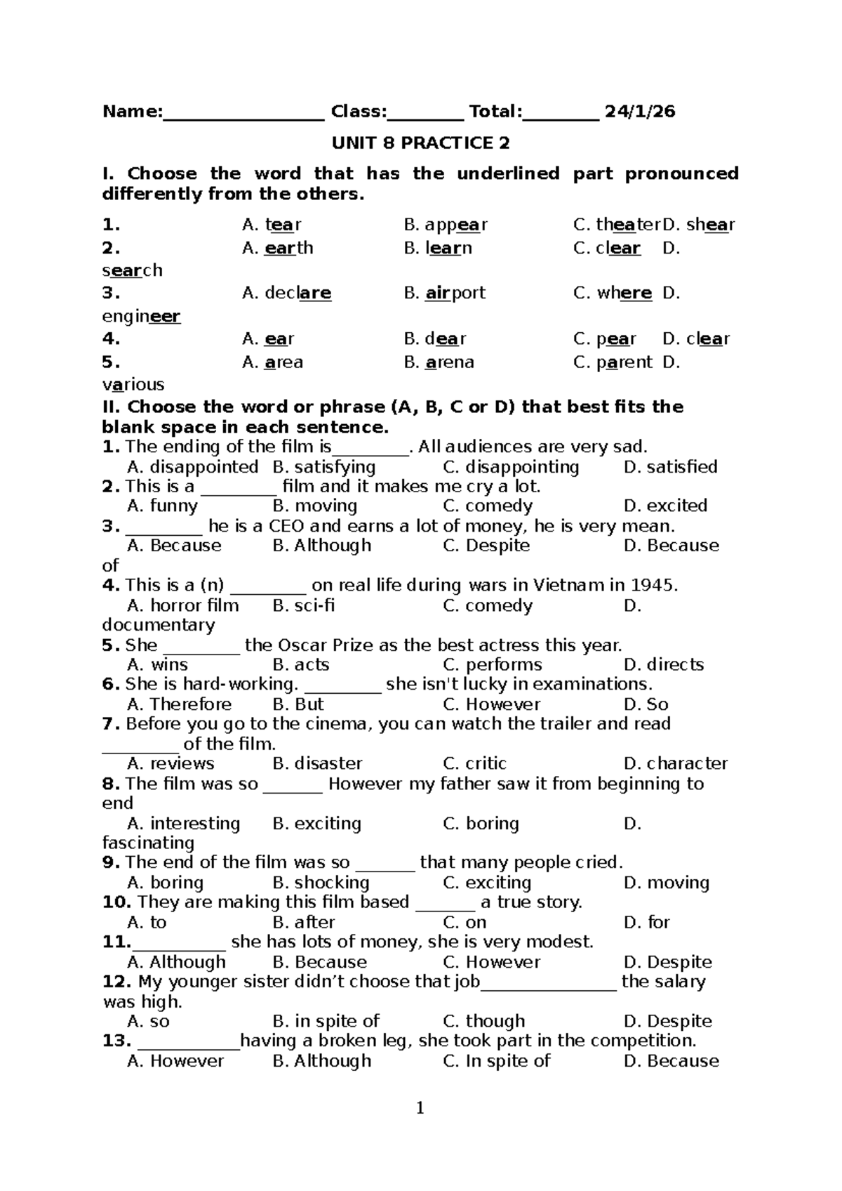 L7 U8 Practice 2: Pronunciation & Vocabulary Exercises - Studocu