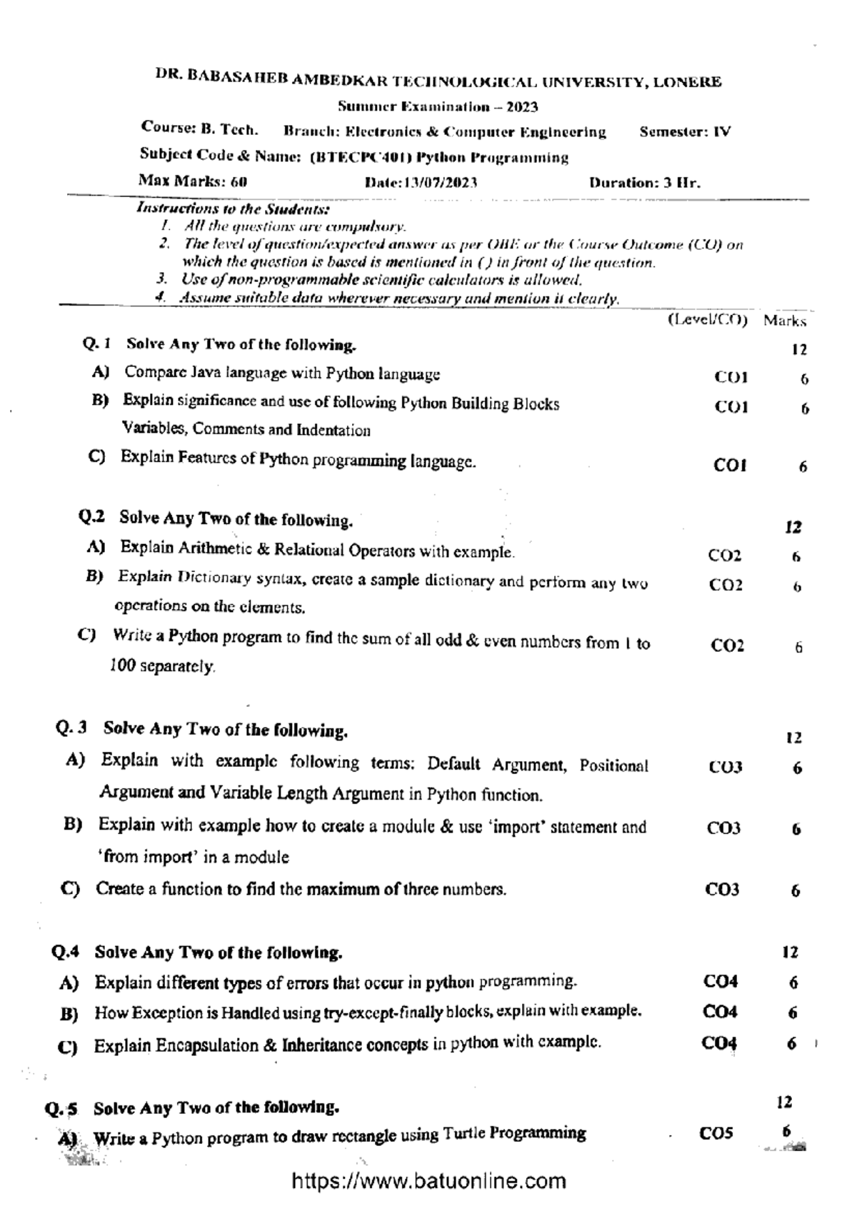 B. Tech. ECE IV Sem Python Programming (BTECPC401) Exam July 2023 - Studocu