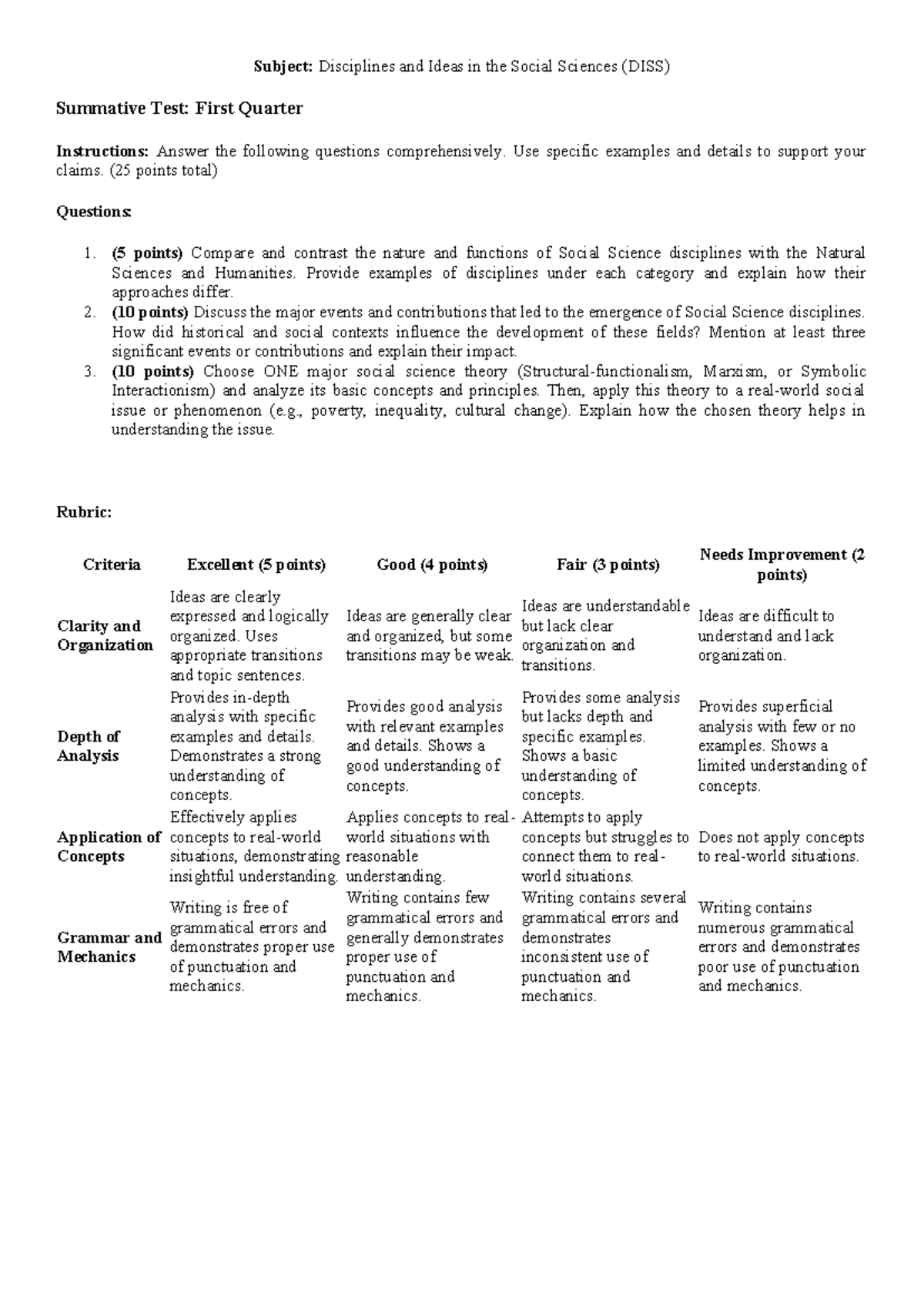 DISS 101: First Quarter Summative Test on Social Sciences - Studocu