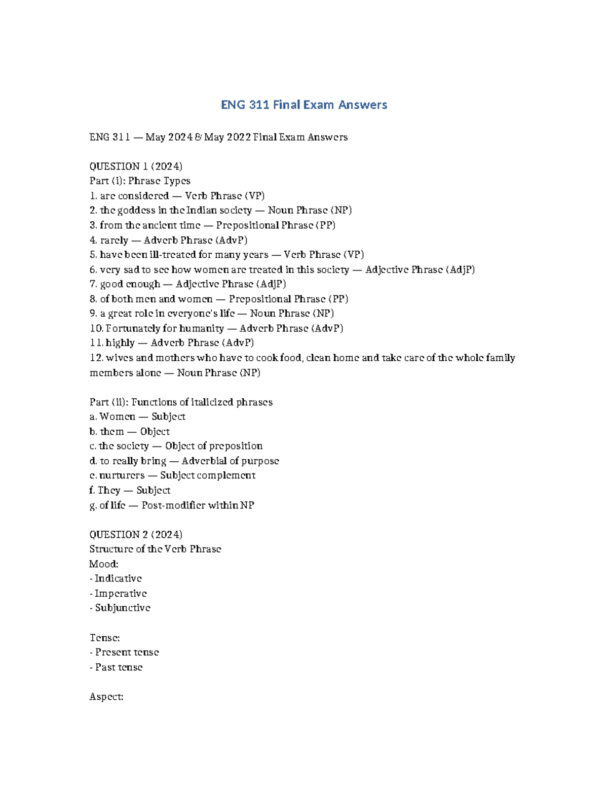 ENG 311 Final Exam Answers: Phrase Types & Sentence Structure - Studocu