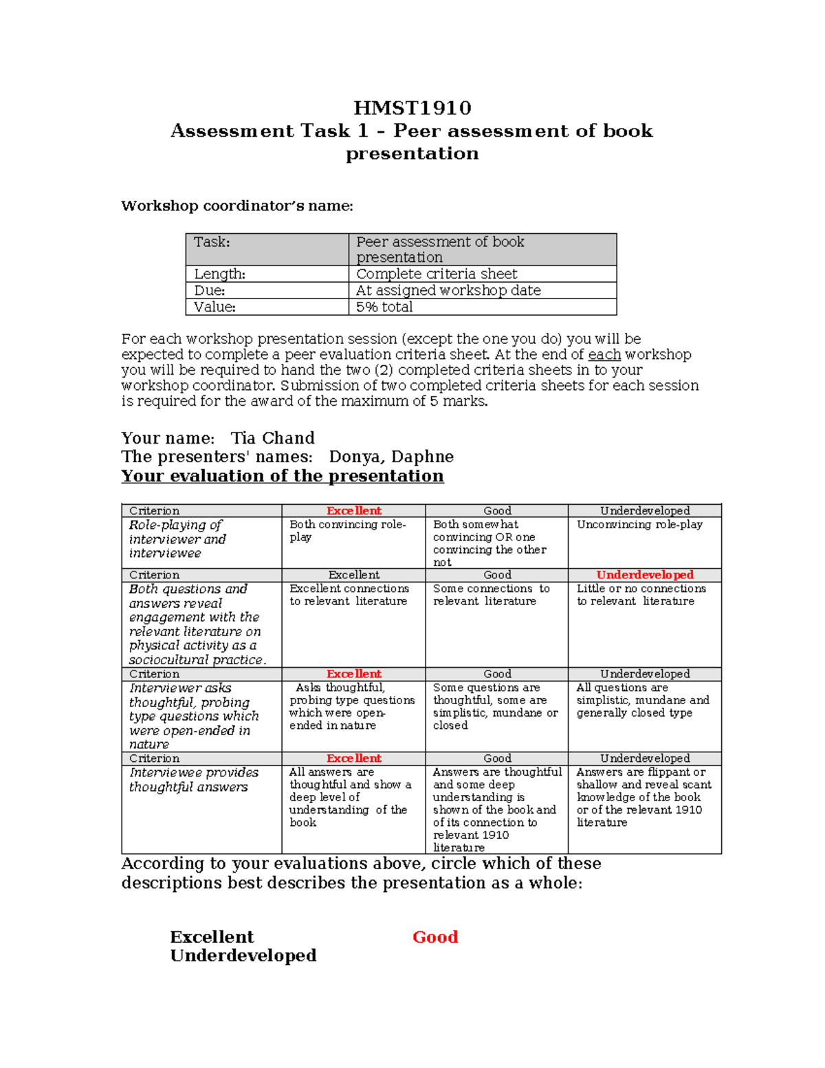 HMST1910 Peer Assessment of Book Presentation Workshop - Studocu