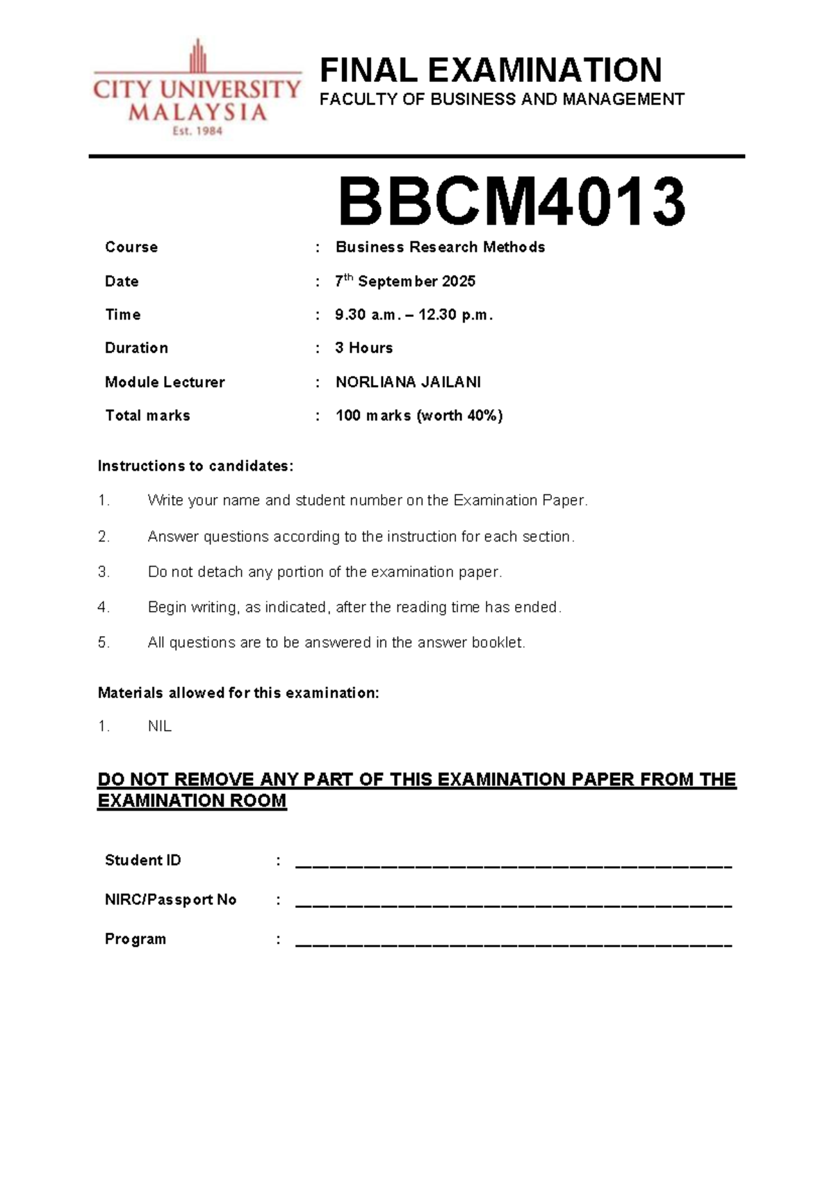 FINAL EXAM - BBCM4013 Business Research Methods (7th Sept 2025) - Studocu