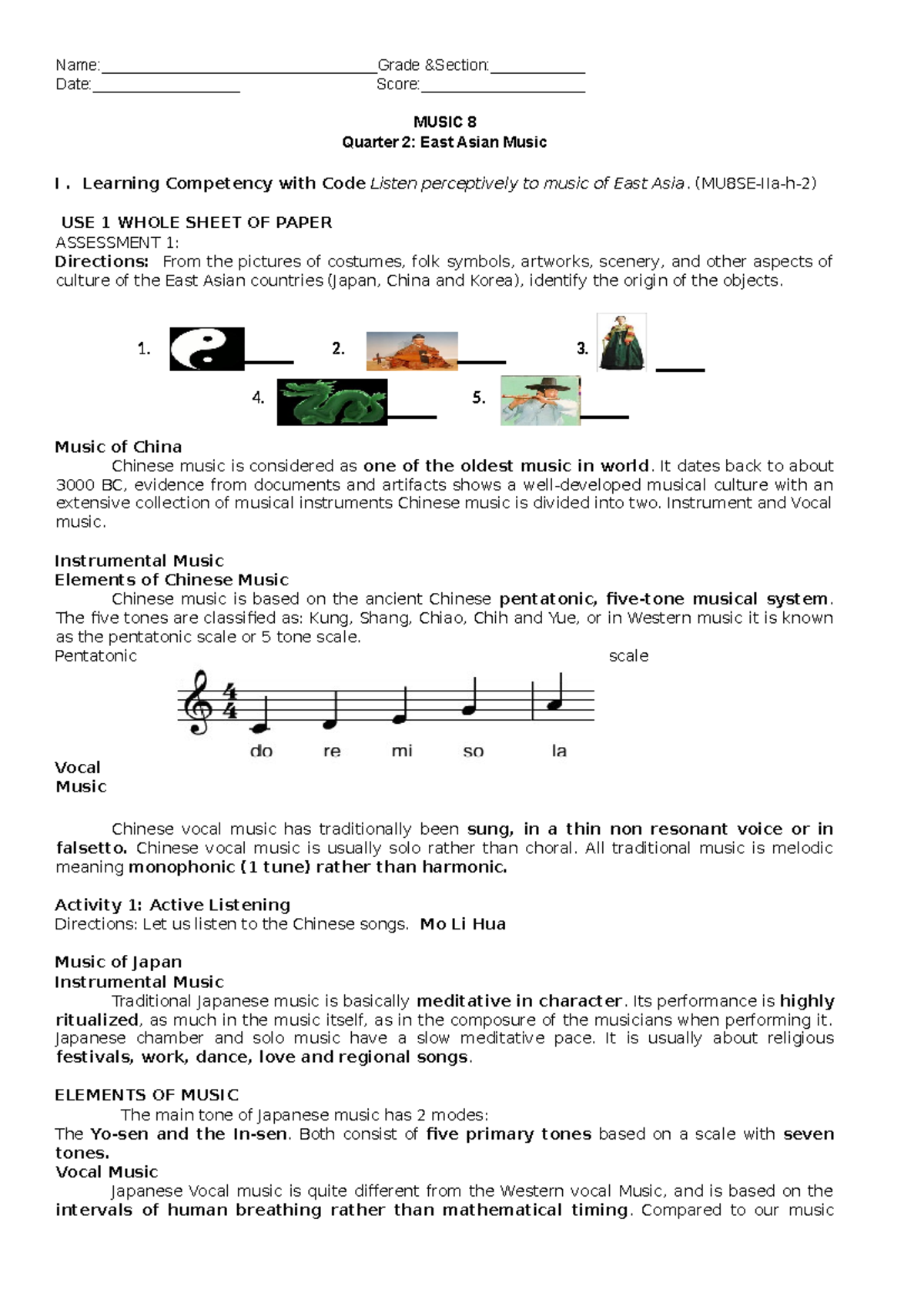 Music 8 Q2 LAS-1-MELC1 - East Asian Music Learning Activity Sheet - Studocu