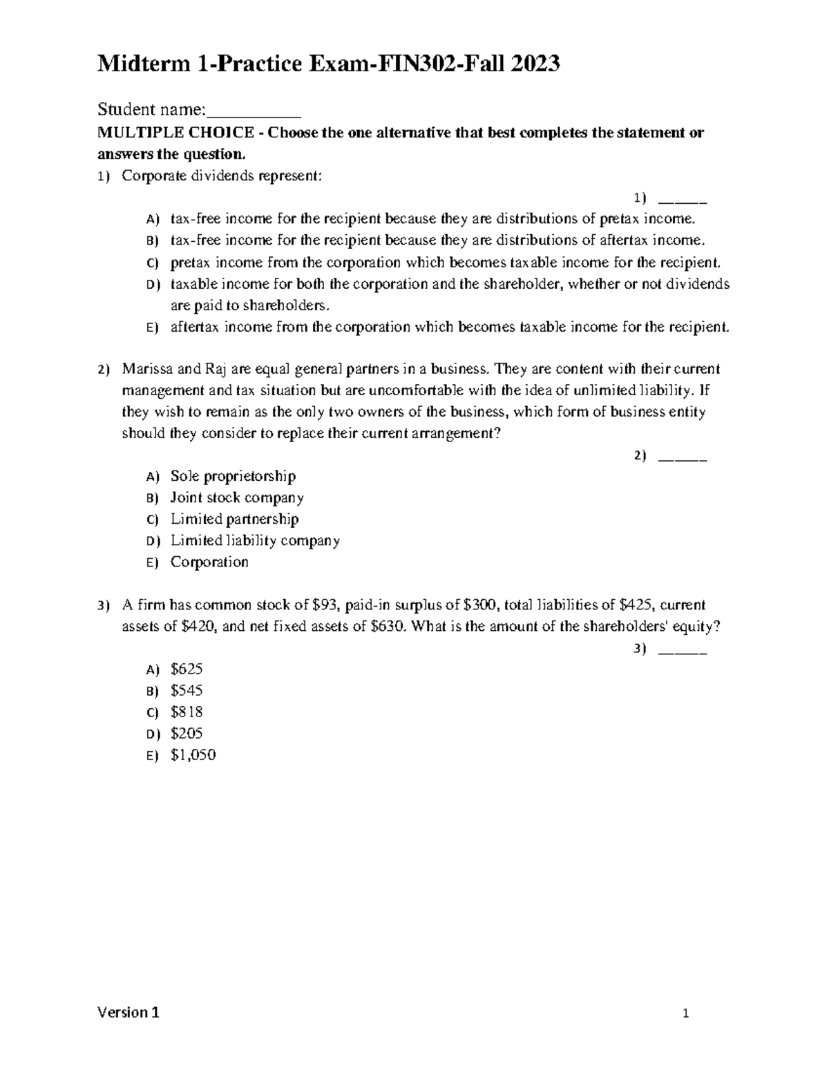 Midterm 1 Practice Exam - FIN302 - Fall 2023 - Studocu