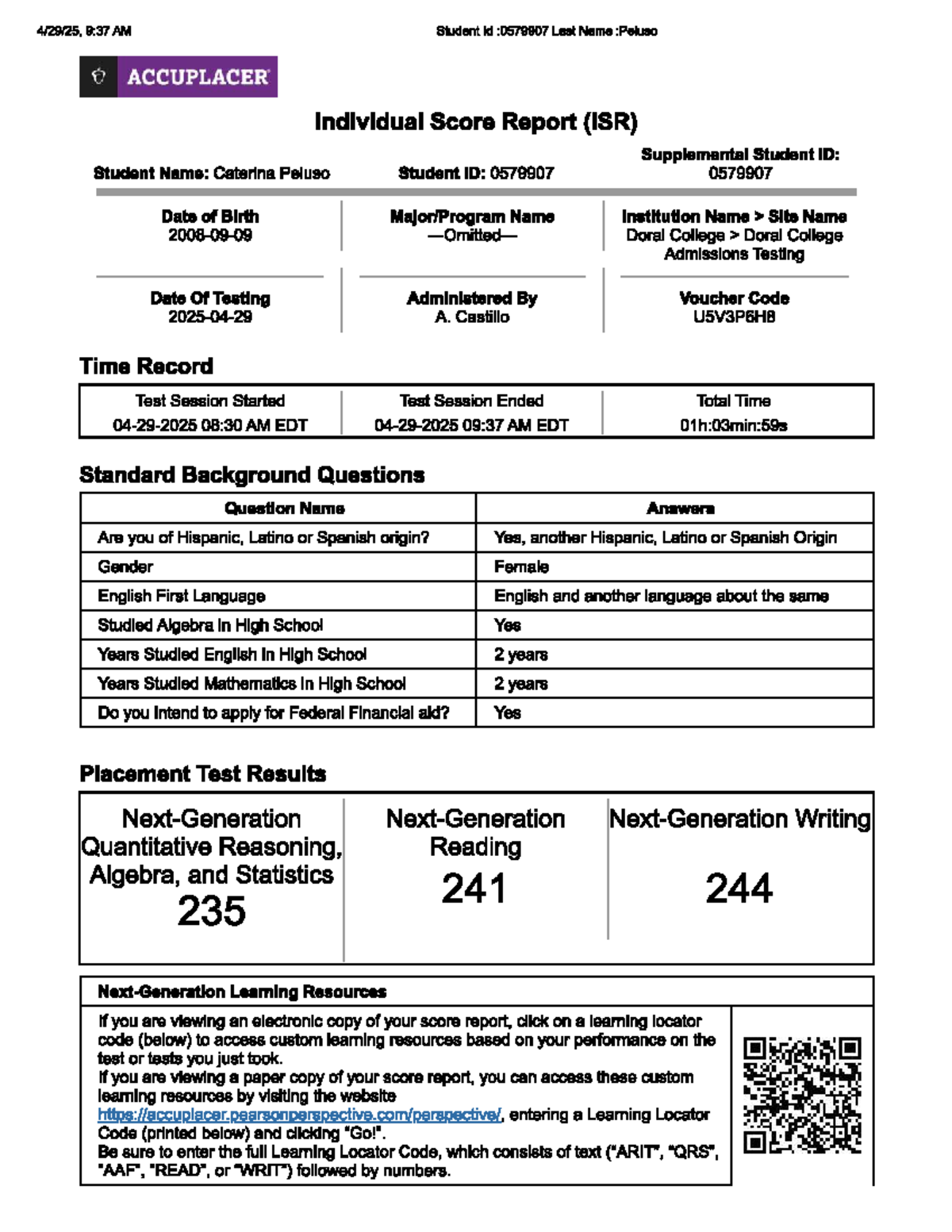 ACCUPLACER ISR Score Report for Caterina Peluso (ID: 0579907) - Studocu