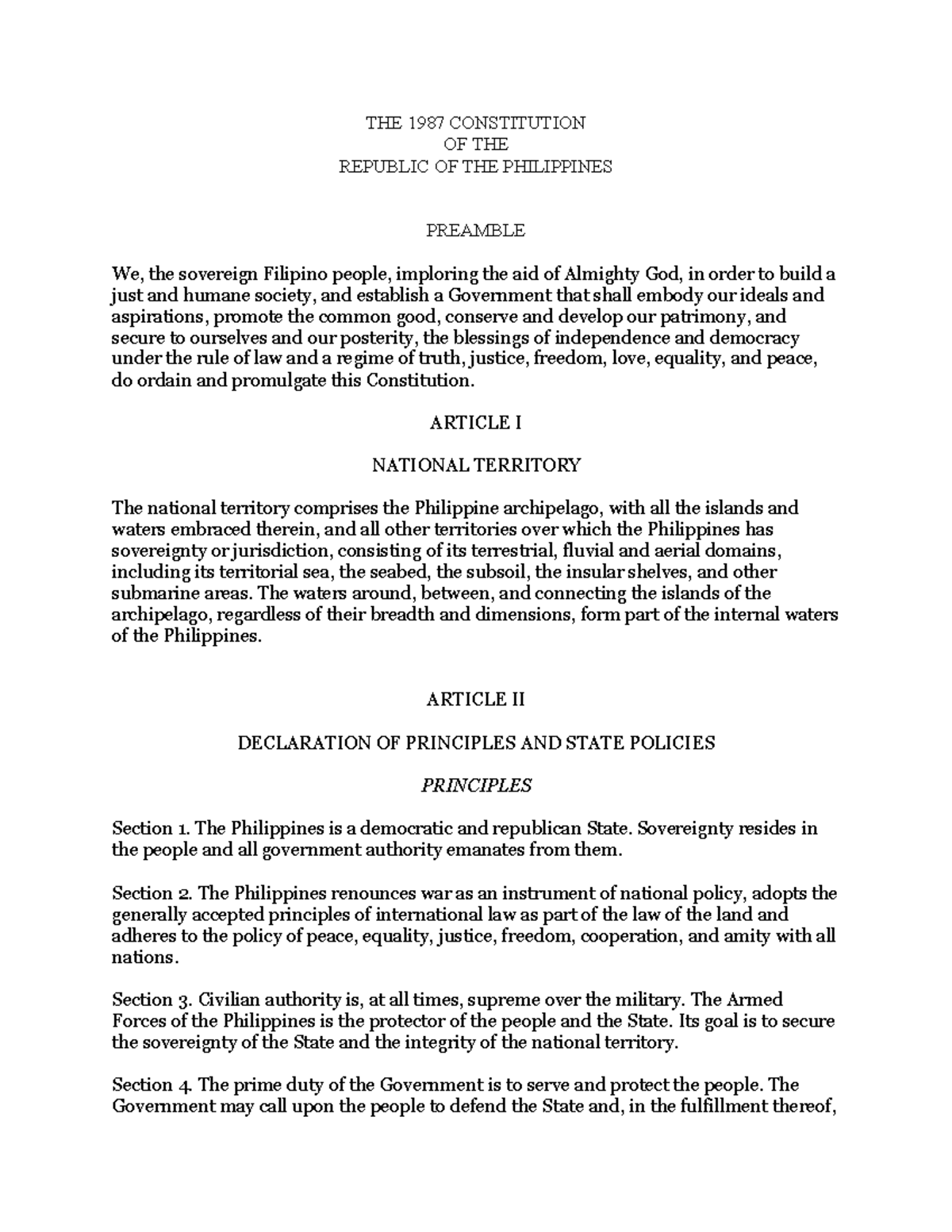 1987 Philippine Constitution: Preamble and Articles Overview - Studocu