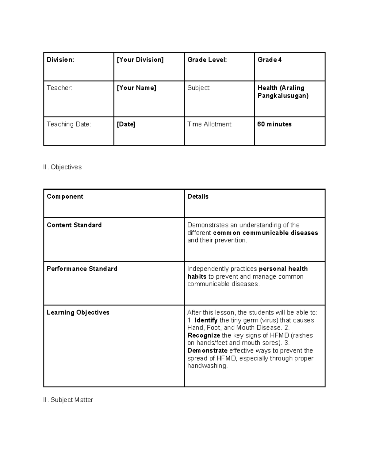 Bepehe LP - Lesson Plan on Hand, Foot, and Mouth Disease (G4 Health ...