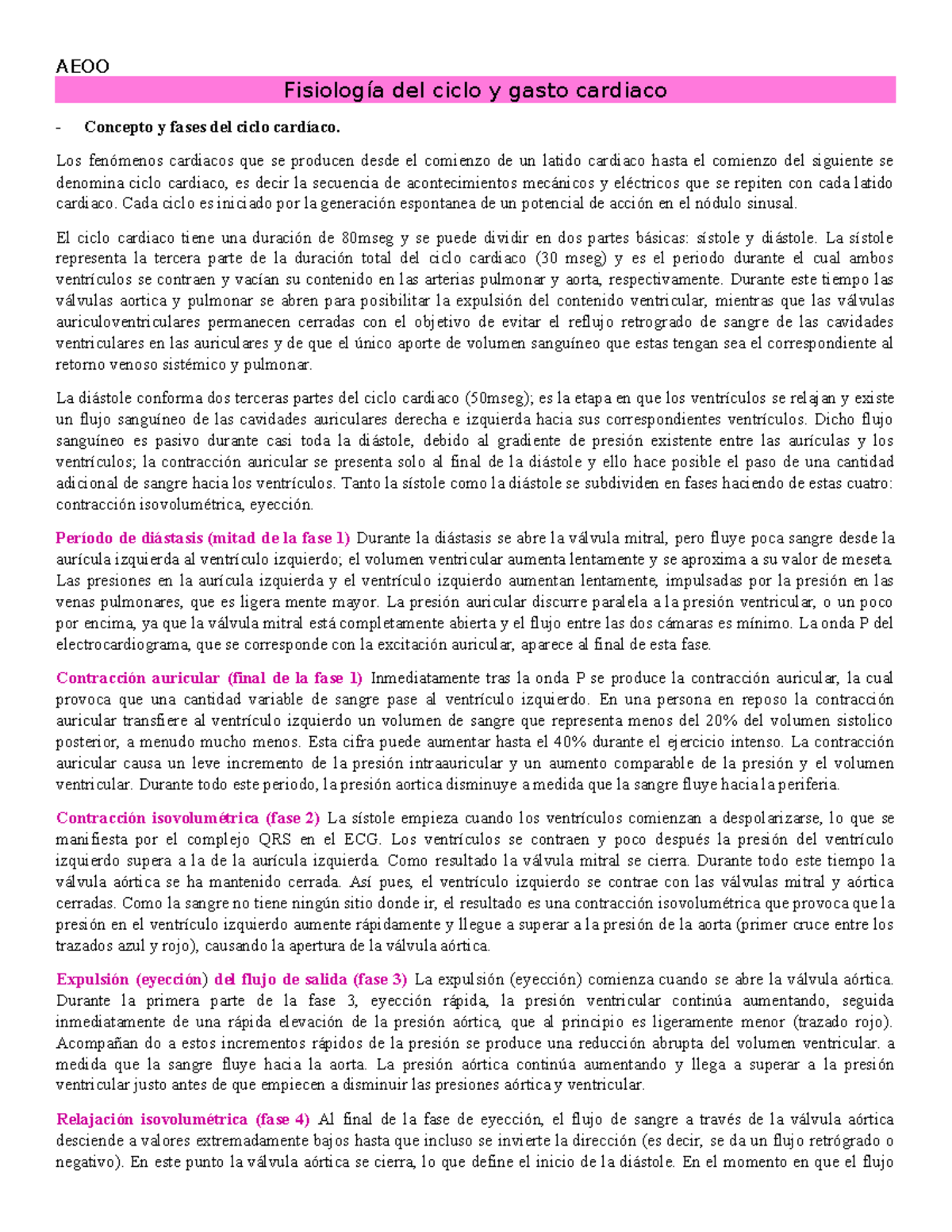 AEOO Fisiología del Ciclo y Gasto Cardíaco: Conceptos y Fases - Studocu