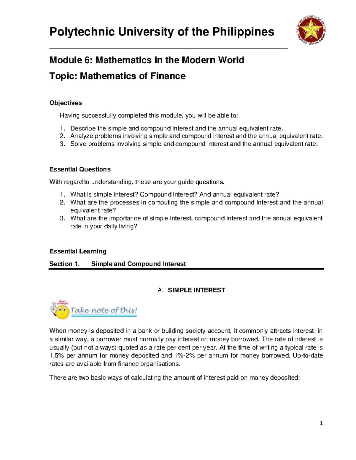 PUP Module 6: Mathematics of Finance - Simple & Compound Interest - Studocu